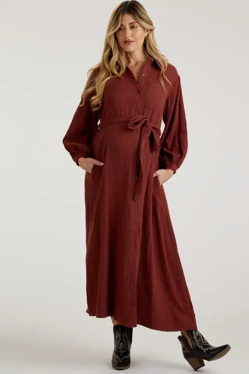 PINKBLUSH Gauze Belted Shirt Maternity Midi Dress