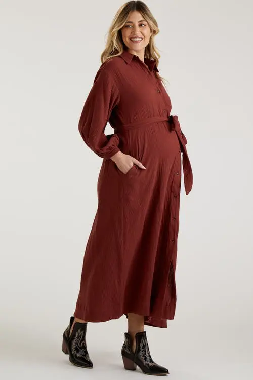 PINKBLUSH Gauze Belted Shirt Maternity Midi Dress