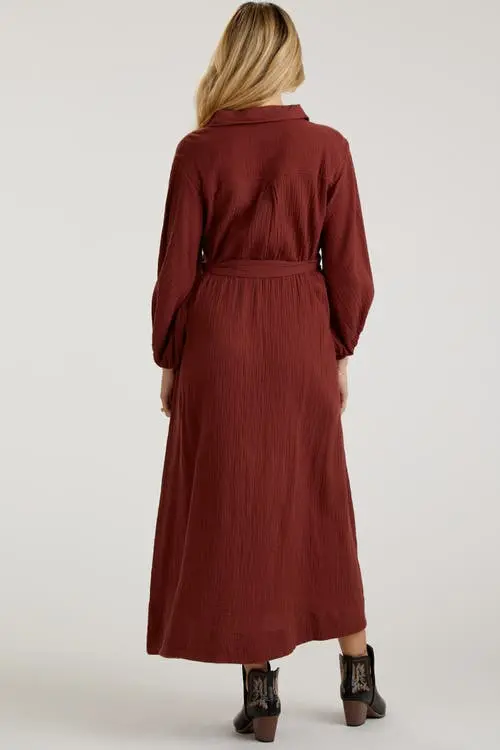 PINKBLUSH Gauze Belted Shirt Maternity Midi Dress