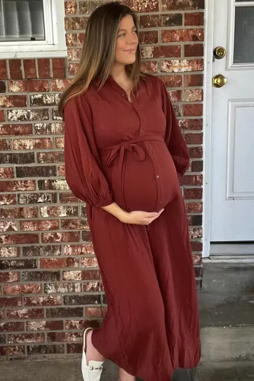 PINKBLUSH Gauze Belted Shirt Maternity Midi Dress