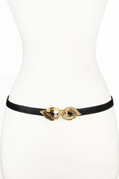 RAINA BELTS Lauren Leaf Buckle Leather Belt - Black