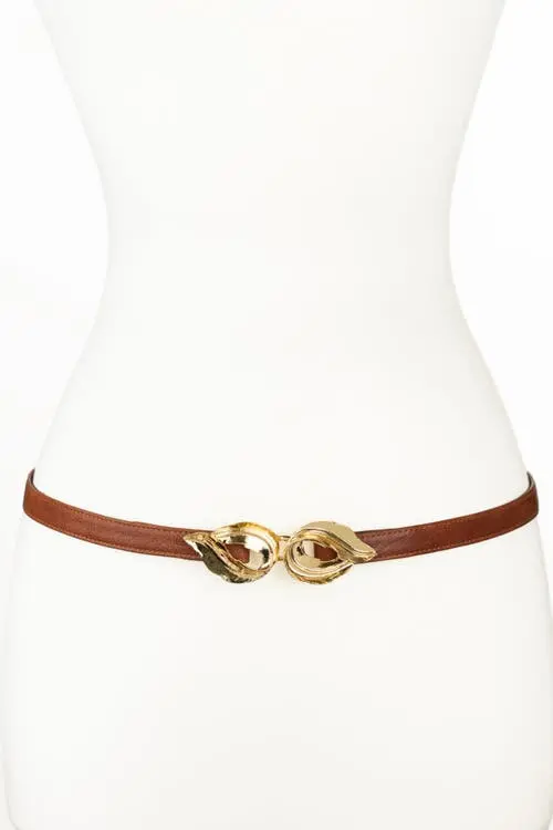 RAINA BELTS Lauren Leaf Buckle Leather Belt - Cognac
