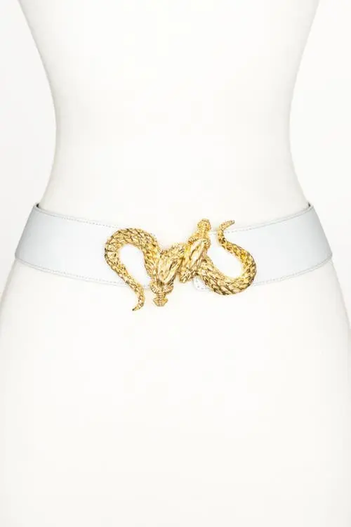 RAINA BELTS Lauren Leaf Buckle Leather Belt - White