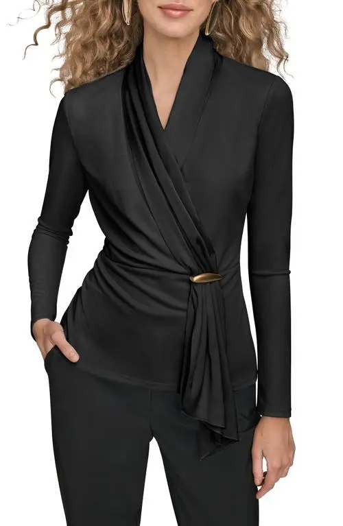 Donna Karan New York Wrap Front Long Sleeve Top - Black