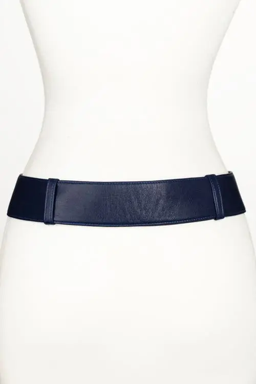 RAINA BELTS Leather Belt With Chain Buckle - Navy