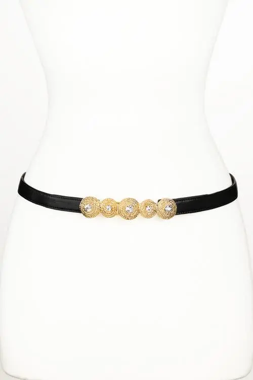 RAINA BELTS Rhinestones Buckle Leather Belt - Black