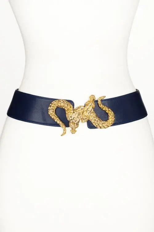 RAINA BELTS Rhinestones Buckle Leather Belt - Navy