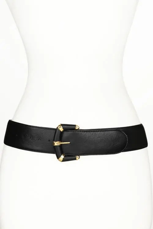 RAINA BELTS Leather Covered Geometric Buckle Belt - Black