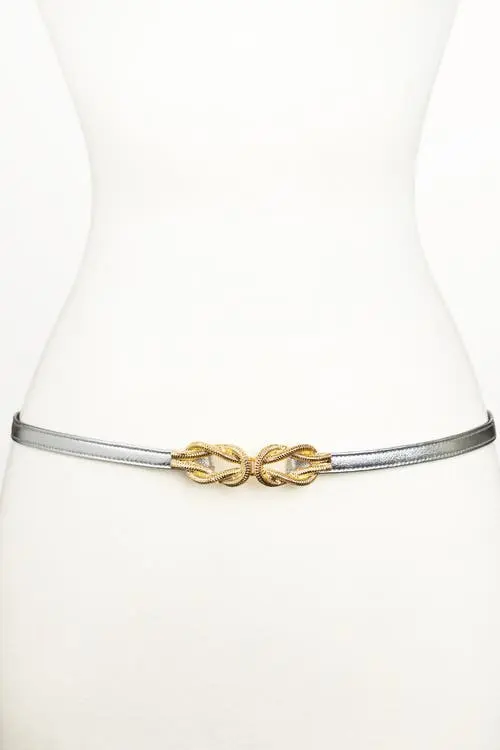 RAINA BELTS Knot Buckle Calfskin Leather Belt - Silver