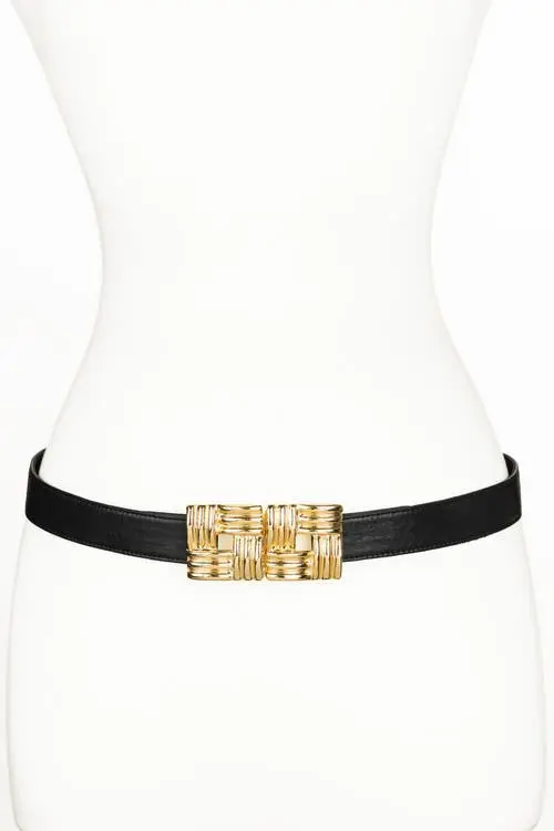 RAINA BELTS Square Gold Buckle Leather Belt - Black