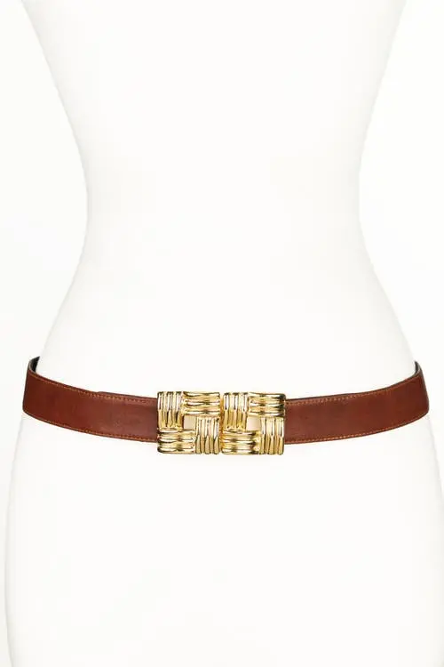 RAINA BELTS Square Gold Buckle Leather Belt - Cognac