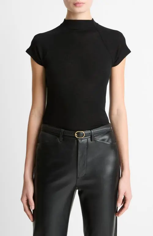 Vince Wool Raglan Cap-sleeve Mock-neck Top - Black