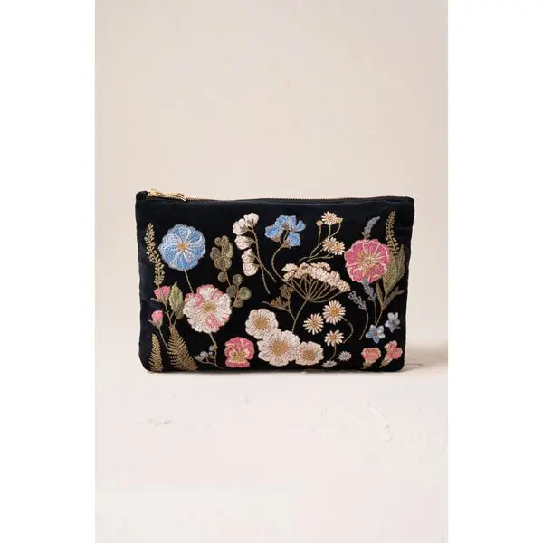 ELIZABETH SCARLETT Pressed Flowers Velvet Everyday Pouch - Charcoal
