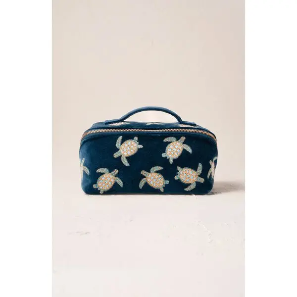 ELIZABETH SCARLETT Turtle Conservation Velvet Open Flat Makeup Bag - Marine Navy