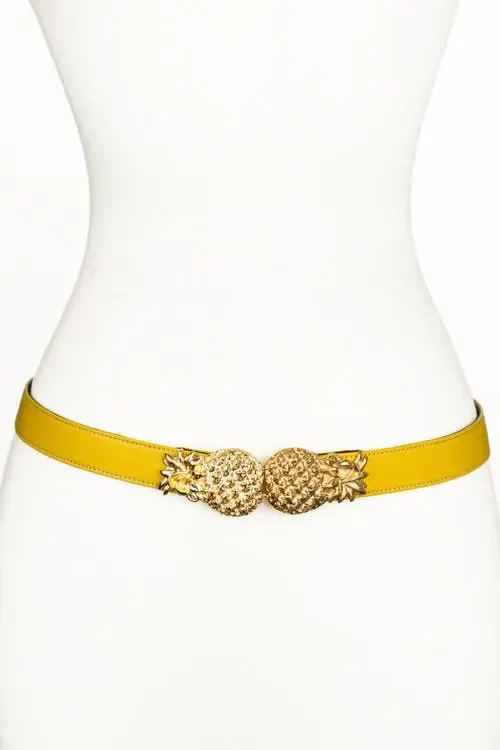RAINA BELTS Pineapple Buckle Leather Belt - Yellow
