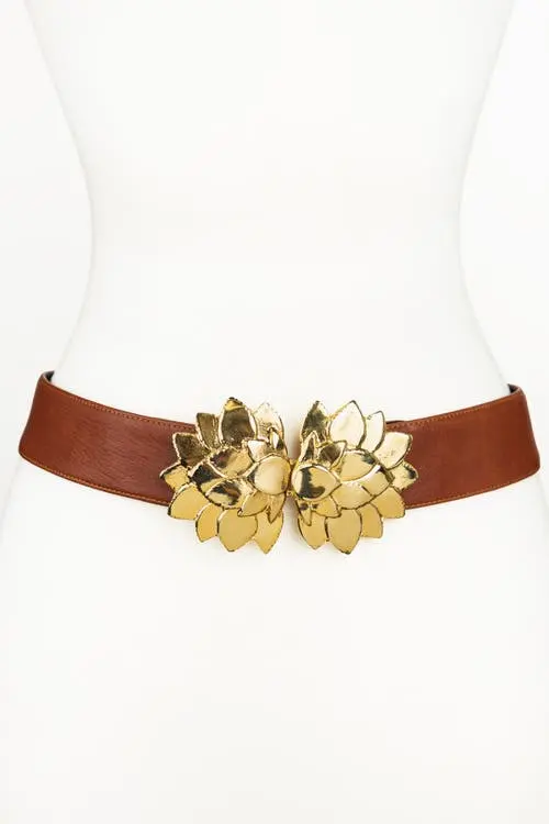 RAINA BELTS Floral Buckle Leather Belt - Cognac