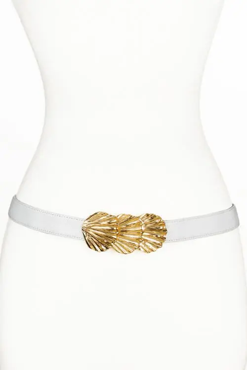 RAINA BELTS Sea Shells Buckle Leather Belt - White