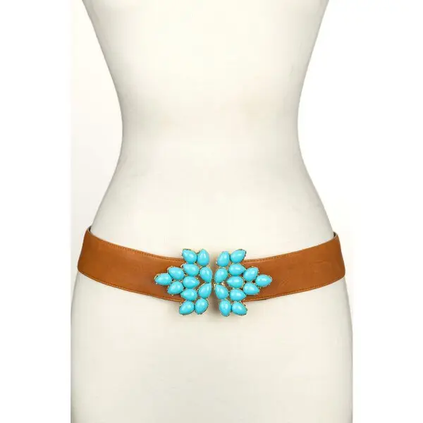 RAINA BELTS Stones Decorated Flower Buckle Leather Belt - Camel