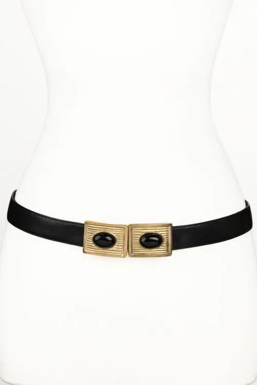 RAINA BELTS Large Stones Buckle Leather Belt - Black