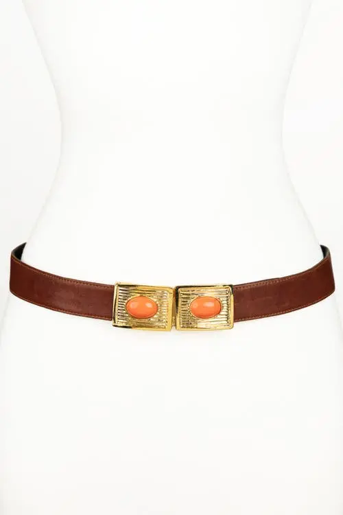 RAINA BELTS Large Stones Buckle Leather Belt - Cognac