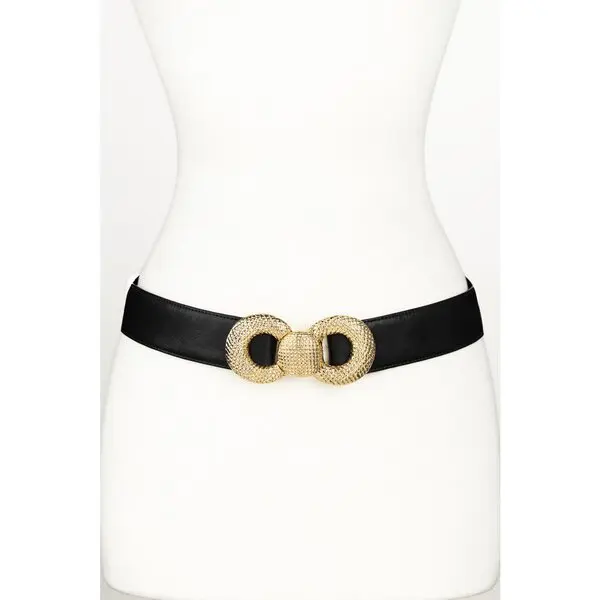 RAINA BELTS Bow Textured Buckle Leather Belt - Black