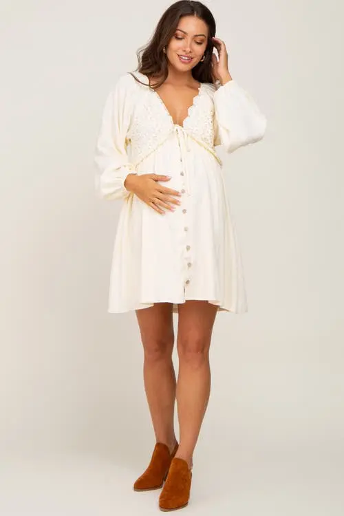 PINKBLUSH Crochet Lace Button Front Maternity Dress - Beige