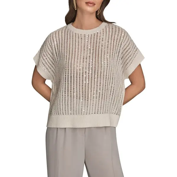Donna Karan New York Sequin Open Stitch Sweater - Cream