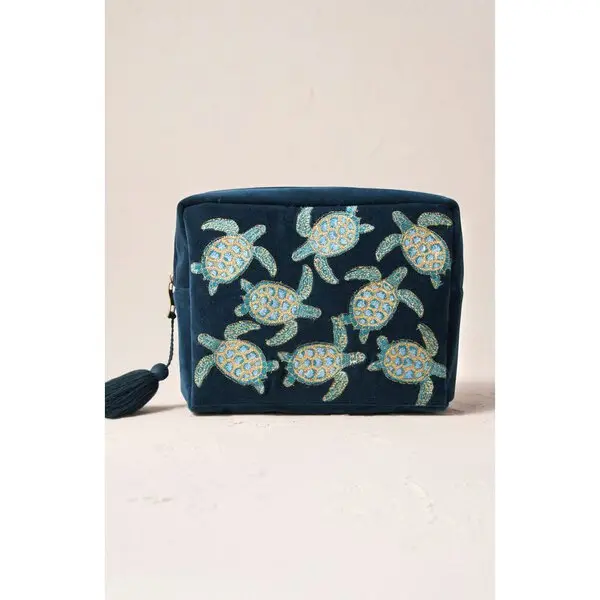 ELIZABETH SCARLETT Turtle Conservation Velvet Wash Bag - Marine Navy