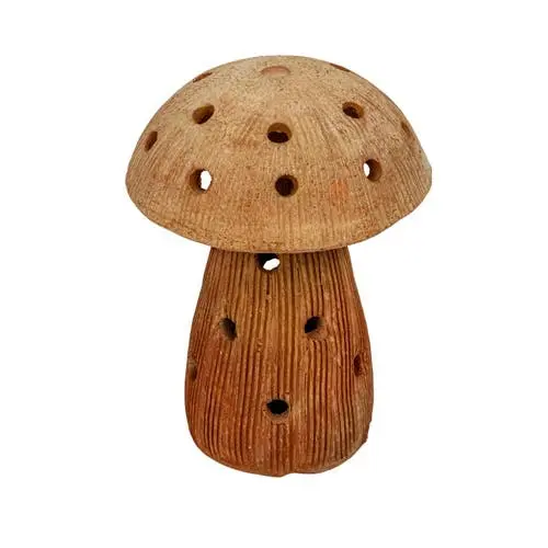 STORIED HOME Handmade Vintage Reproduction Terra-cotta Mushroom Shaped Candle Holder With Cut-outs - Orange