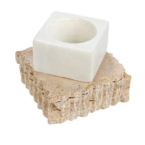 STORIED HOME Decorative Marble And Travertine Candle Holder - White