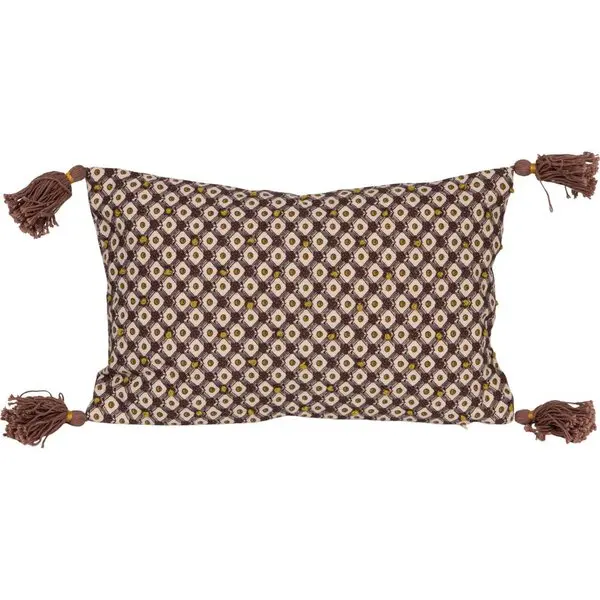 STORIED HOME Cotton Printed Lumbar Pillow With Tassels, French Knots And Pattern - Brown