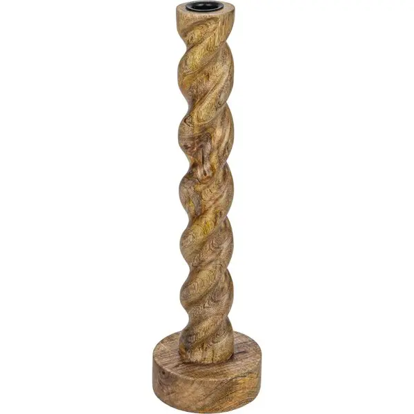 STORIED HOME Tall Hand-carved Mango Wood Twisted Taper Candle Holder - Natural