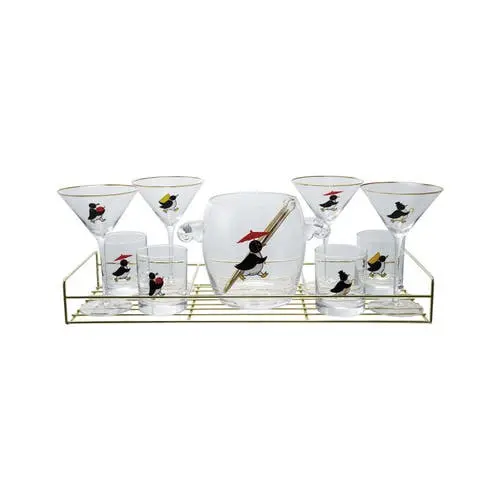STORIED HOME 11-piece Vintage Reproduction Glass Barware Set With Penguin Decal - Pink