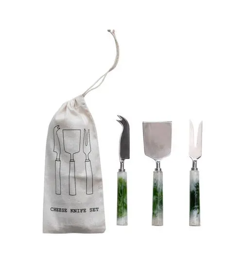 STORIED HOME 3-piece Stainless Steel Cheese Utensils With Marbled Resin Handles - Green