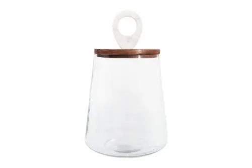 STORIED HOME Large Glass Jar With Mango Wood & Marble Lid - Clear