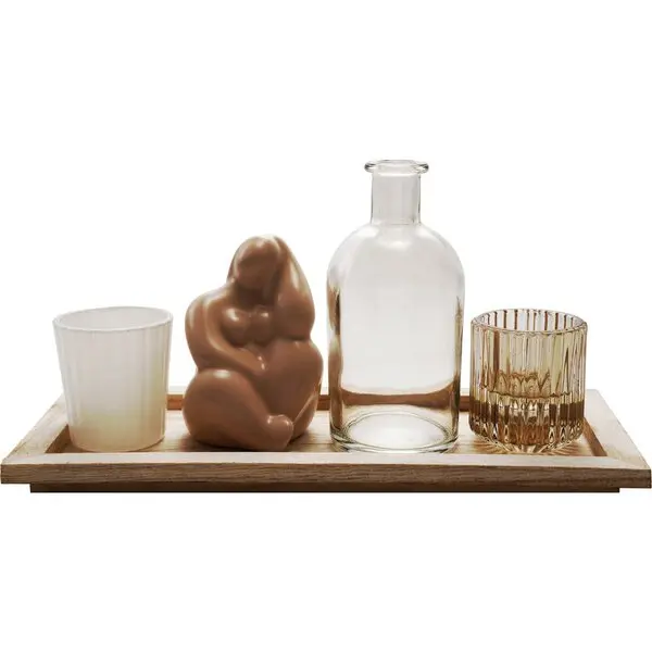 STORIED HOME 2 Glass Tealight/votive Holders, 1 Vase And 1 Ceramic Figure On A Paulownia Wood Tray - Brown