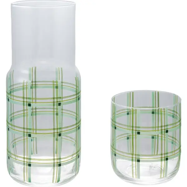 STORIED HOME Glass Carafe With Drinking Glass And Grid Pattern