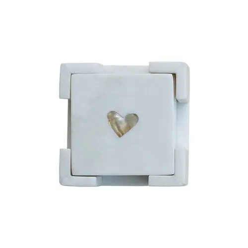 STORIED HOME Marble Coasters With Heart Shaped Mother Of Pearl Inlay - White