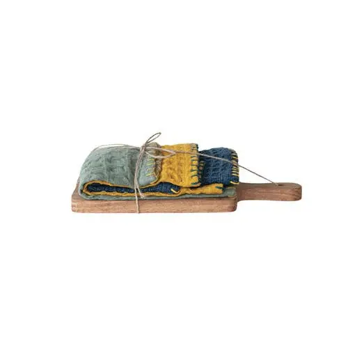 STORIED HOME Cotton Dishcloth On A Mango Wood Board, Multicolor - Brown