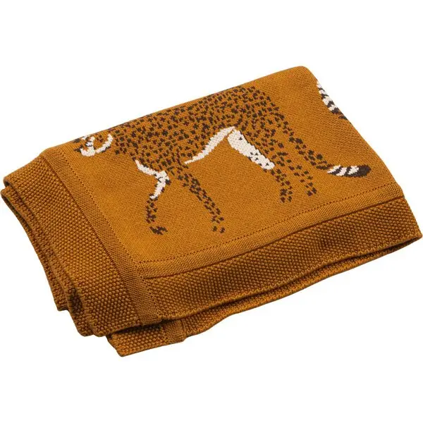 STORIED HOME Cotton Knit Baby Blanket With Cheetahs, Mustard Color - Black