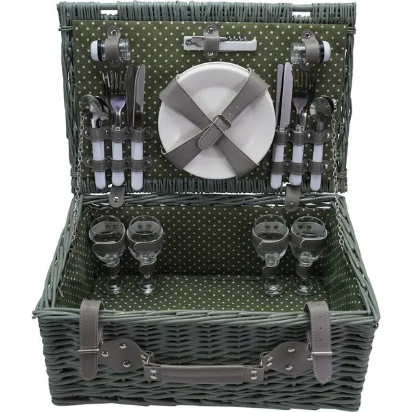 STORIED HOME Woven Picnic Basket With 24 Items For 4 People - Green