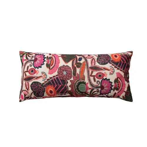 STORIED HOME Cotton Slub Embroide Lumbar Pillow With Florals And Chambray Back - Red
