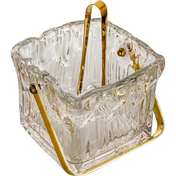 STORIED HOME 24-ounce Textured Glass Ice Bucket With Finish Handle And Tongs - Gold
