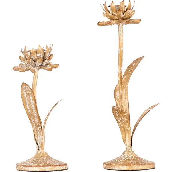 STORIED HOME Decorative Metal Flower Cut Shaped Taper Candleholder With Distressed Finish, And Gold - White