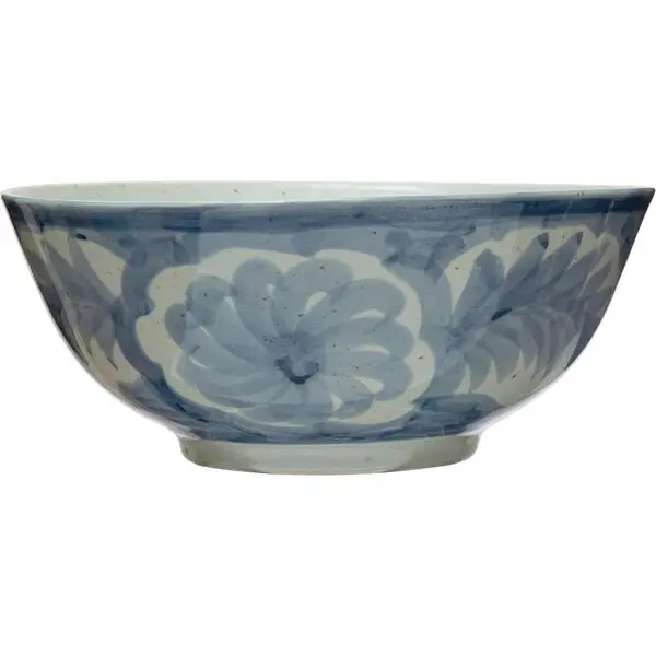 STORIED HOME Hand Painted Stoneware Bowl With Floral Design - Blue