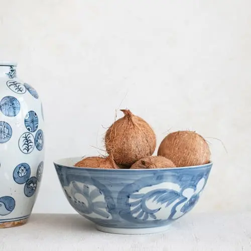 STORIED HOME Hand Painted Stoneware Bowl With Floral Design