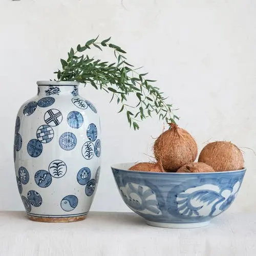 STORIED HOME Hand Painted Stoneware Bowl With Floral Design