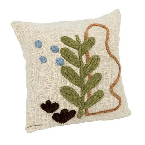 STORIED HOME Square Cotton Slub Pillow With Tufted Plant Design - White