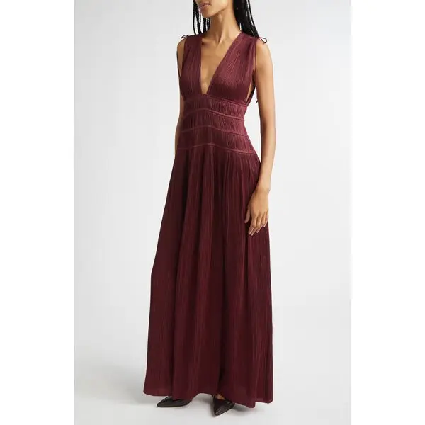 Ulla Johnson Tasneem Plissé Plunge Neck Gown - Claret