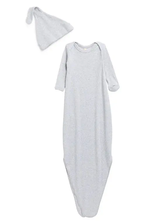 QUINCY MAE Rib Knotted Organic Cotton Blend Gown & Hat Set - Blue